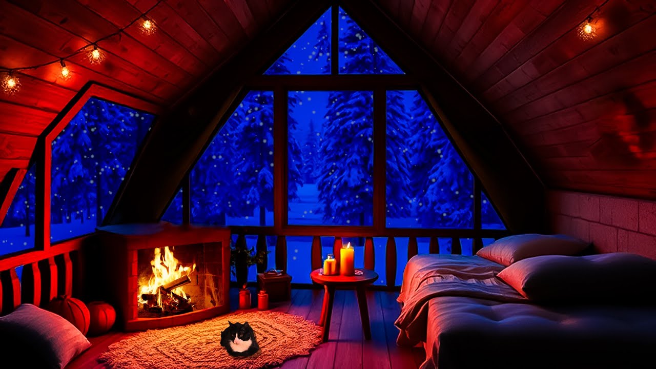 Winter in a cozy cabin - Crackling fireplace, blowing wind and ...