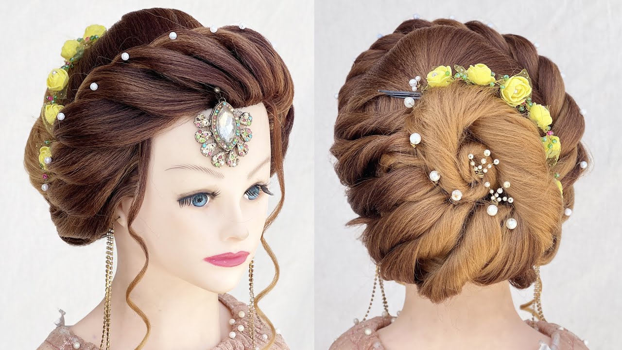 Stylish Juda hairstyle for bridal l flower bun hairstyles l Wedding ...