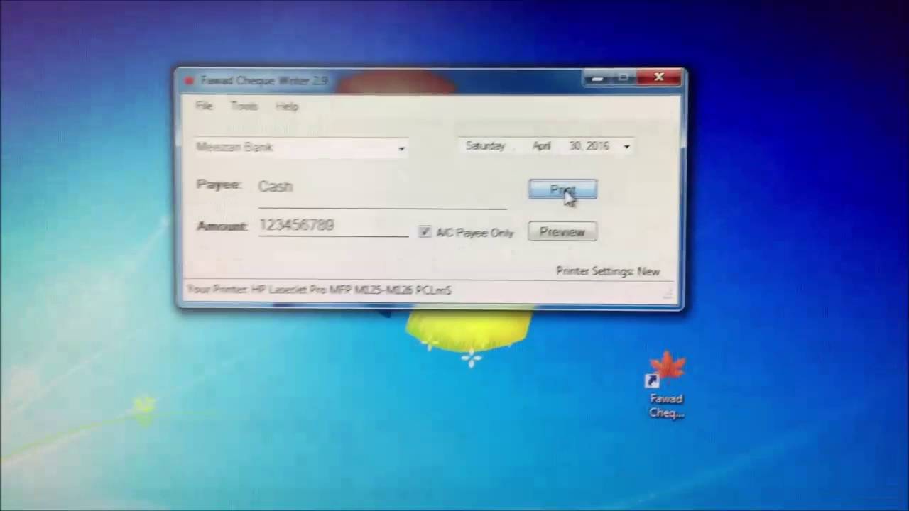 Meezan Bank Cheque Printing Demo of Fawad Cheque Writer. - YouTube