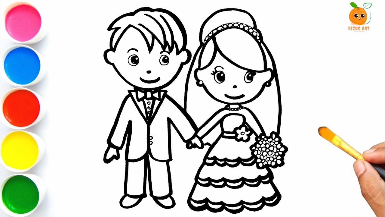 Cute Bride & Groom Drawing Painting Coloring for Kids Toddlers | How to ...