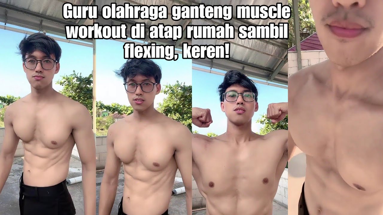 Guru olahraga ganteng muscle workout di atap rumah sambil flexing ...