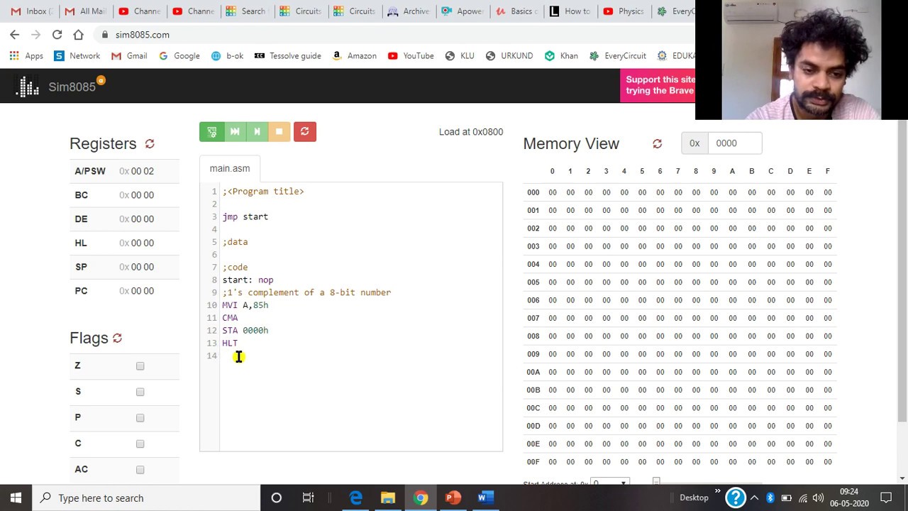 7. 1's complement using www.sim8085.com - YouTube