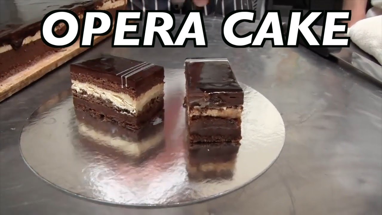 Opera Cake, a French sponge cake soaked in coffee syrup, with French ...