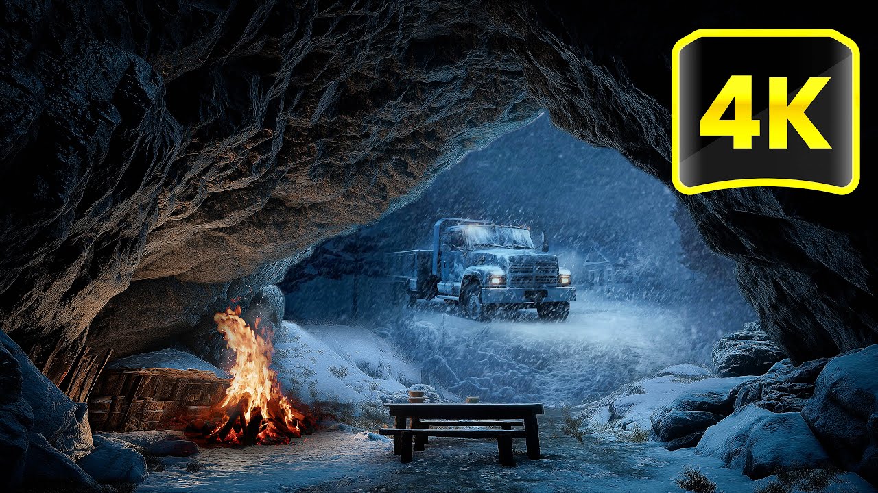 Ambience Winter Cave: Crackling Fireplace - Snowstorm Sounds & Relaxing ...