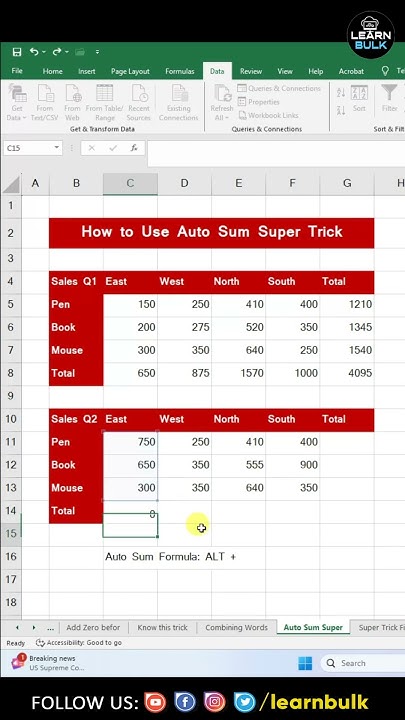 How to Use Auto Sum Formula Super trick in Excel #shorts #reels - YouTube