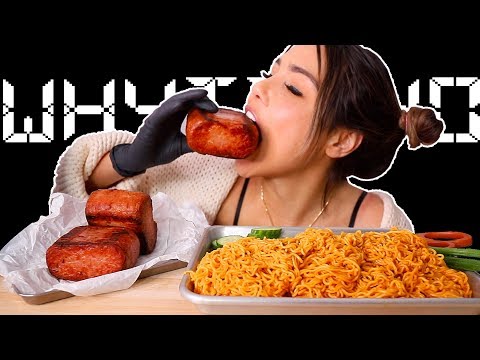 veronica wang eats spam & spicy fire cold noodles 비빔면 BIG BITES 통스팸 mukbang 먹방