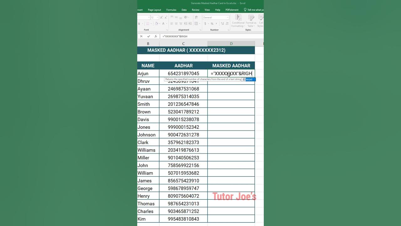 Generate Masked Aadhar Card Number In Excel Tutor Joes Youtube