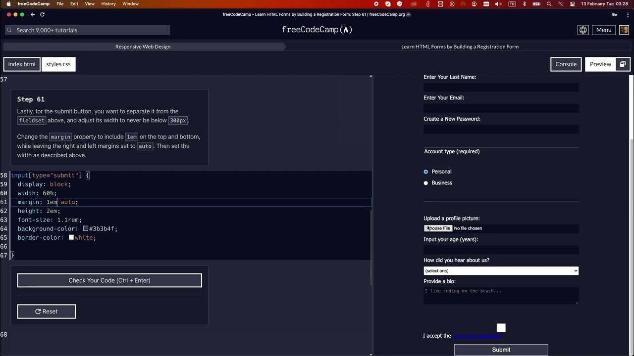 LEARN HTML FORMS BY BUILDING A REGISTRATION FORM STEP 61 #freecodecamp ...