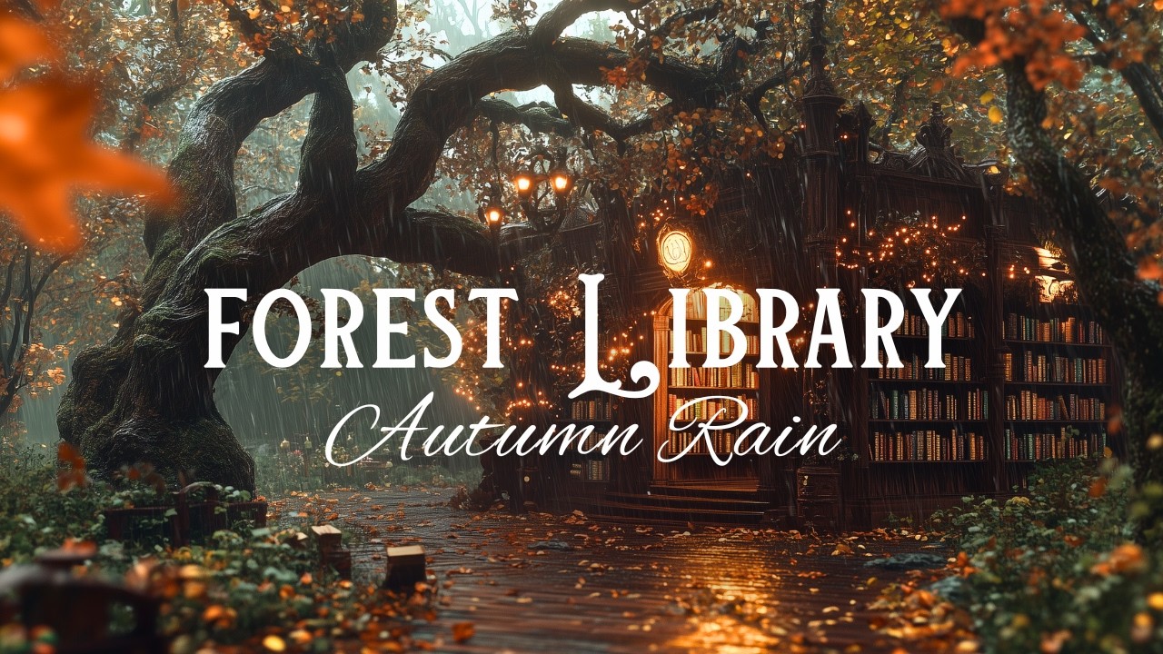 Cozy Forest Library | Rain Music and Ambience 🌧️🍂📖 - YouTube