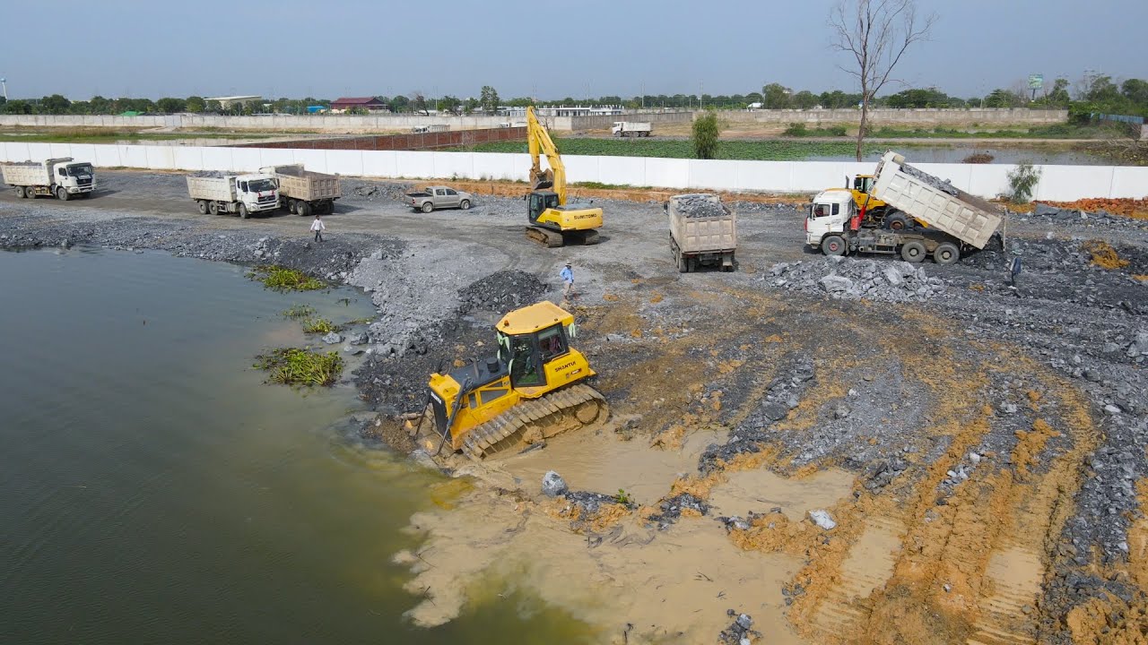 Excellent Techniques Filling Stone in water by Bulldozer and Dump Truck ...