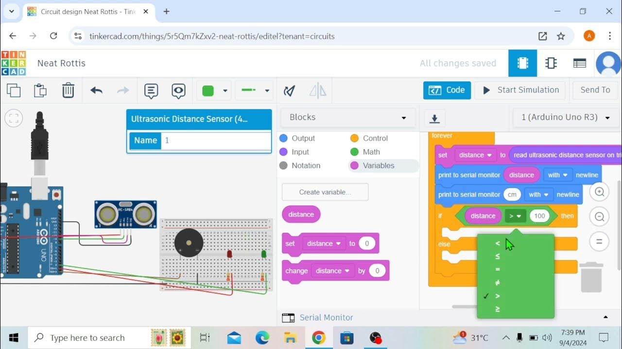 Object detection alarm Arduino project in tinkercad | Arduino block coding - YouTube