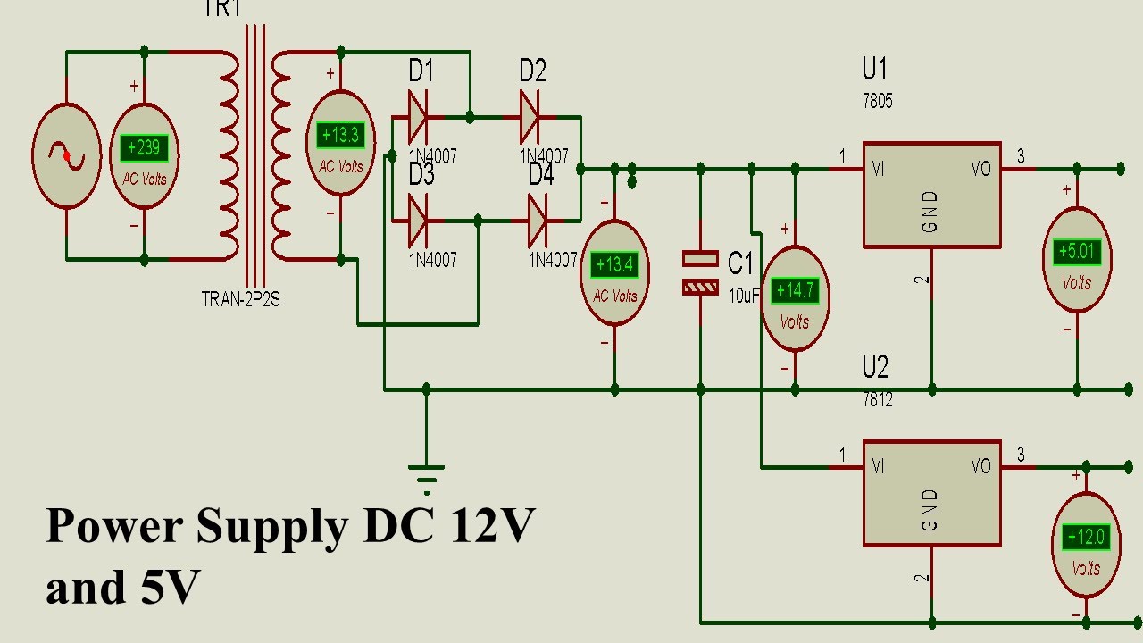 Design a dual power supply (12V and 5V) in Proteus | Power Supply 5V ...