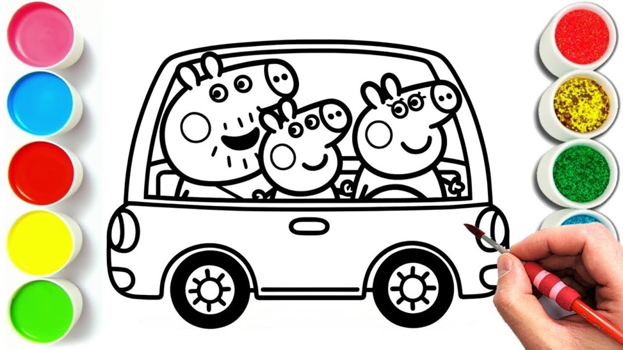 Draw & Colour Peppa Pig, George Pig Riding Car | Peppa Pig Drawing ...