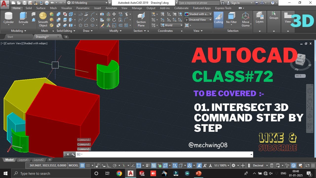 Intersect Command | AutoCAD 3D Intersect Command Tutorial | Step-by-Step Example | AutoCAD Class ...