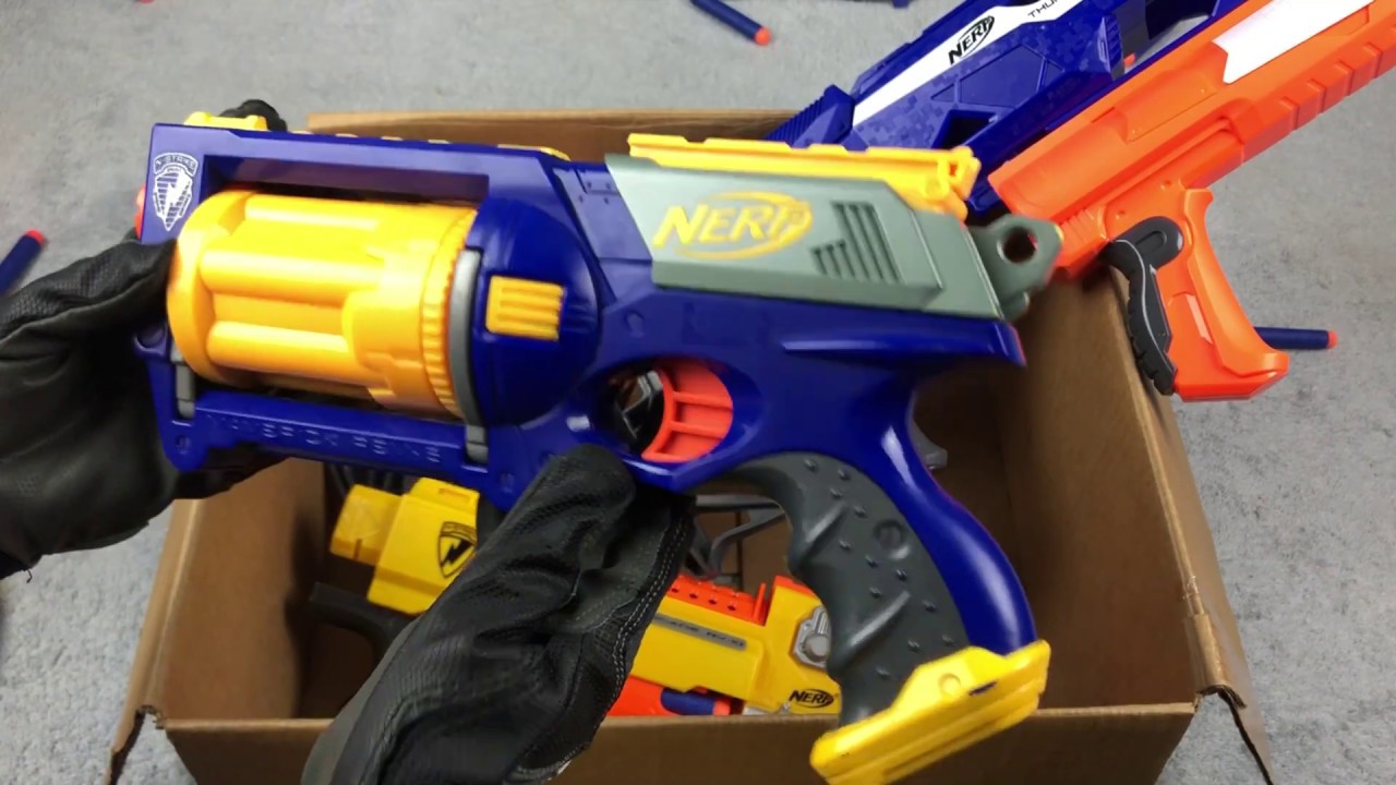 Big Box of Toy Guns ! Nerf N Strike Blasters - YouTube