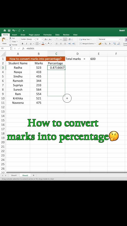How to convert Marks into Percentage in Excel?#education #excel #trics #shortvideo #shortcuts ...