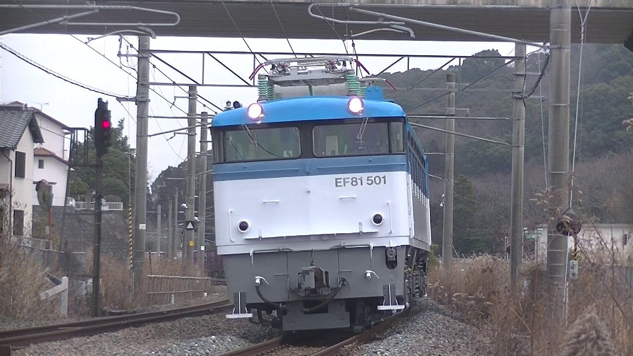JR貨物 4081レ（鍋島貨物） 全検明けの綺麗なEF81 501＋コキ20B 長崎本線肥前麓駅にて - YouTube