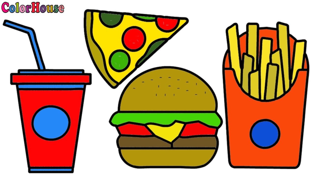 HOW TO DRAW A BURGER , PIZZA WITH FRENCH FRIES AND SOFT DRINK FOR KIDS ...