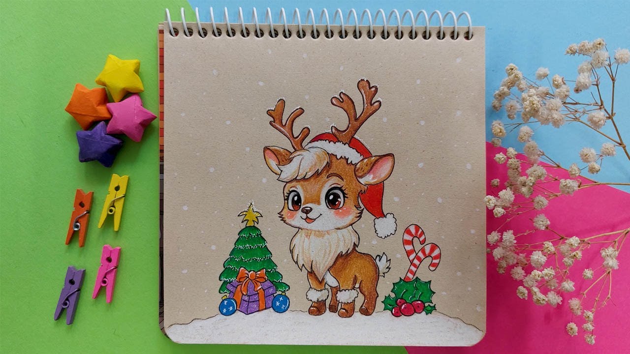 How to Draw a Reindeer: Painting a Christmas Cute Reindeer Wearing ...