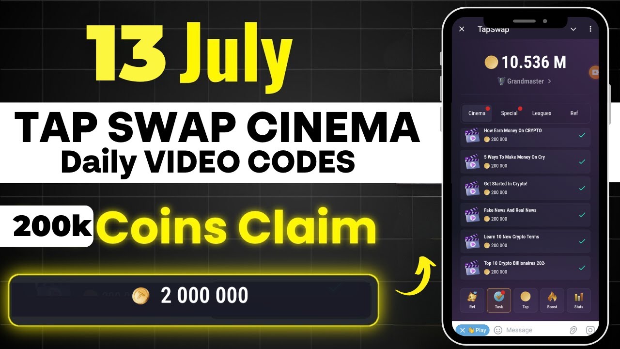 Tapswap Watch Daily Video Cinema Code || July 13 | Tapswap Cinema Code ...