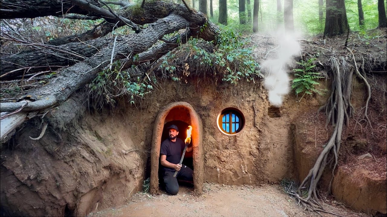 Building a cave for survival in a wild boar den - YouTube