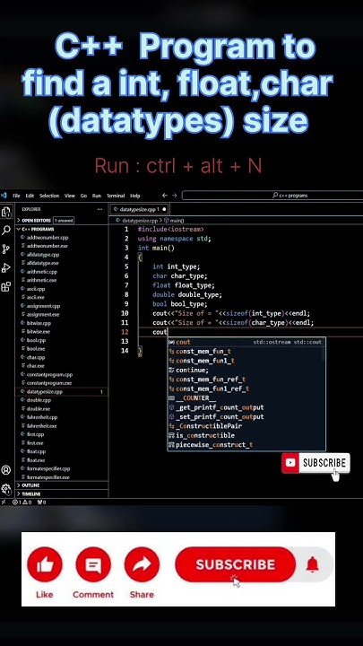 Program Of Find The Size Of Datatypes In Cshorts Youtube Ytshorts Trending Youtubeshorts