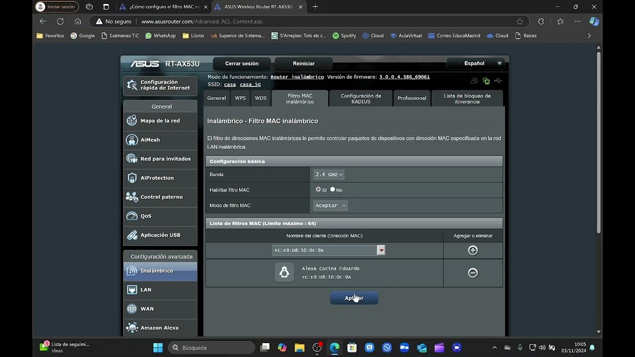 Configurar filtro MAC inalámbrico en Router ASUS. Prof. Ingeniero Informático Eduardo Rojo ...