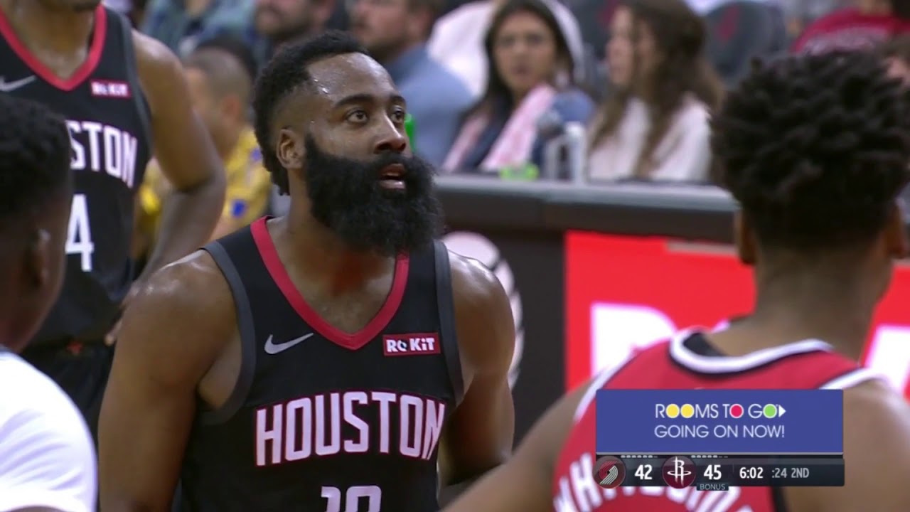 James Harden hooks Bazemore into foul, then both argue - YouTube