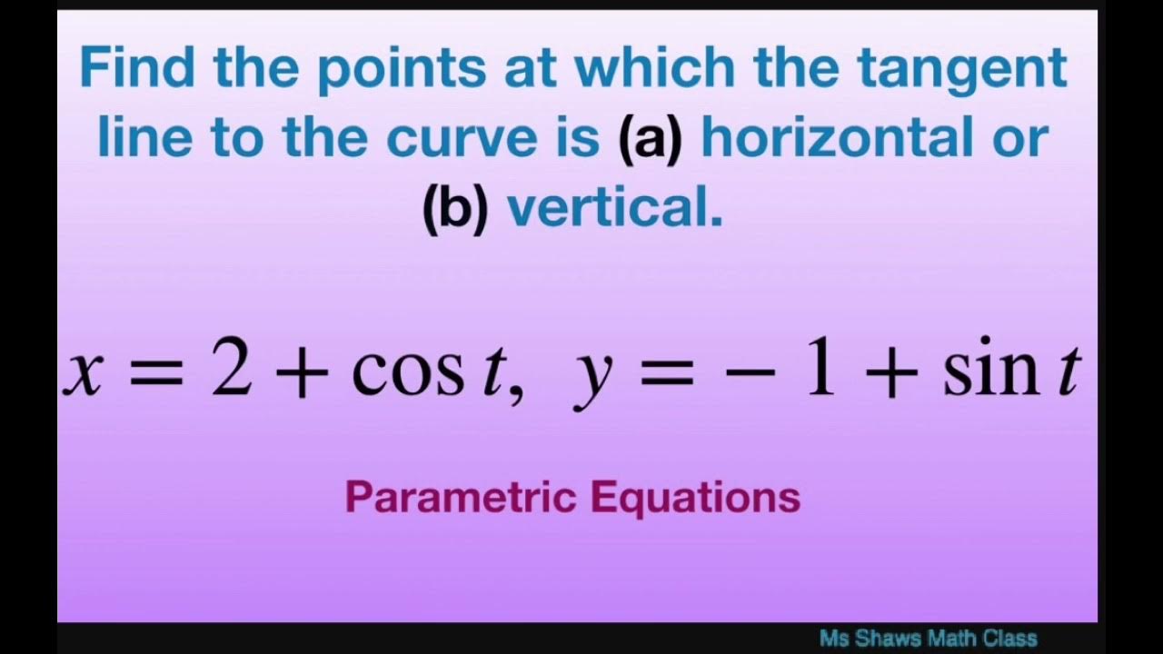 Find points where tangent line to curve is horizontal, vertical. x = 2 + cos t, y= -1 + sin t ...
