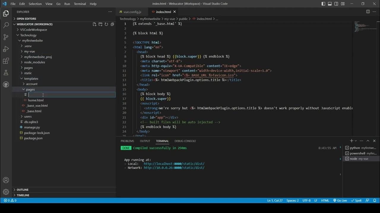 Basic Django page leveraging template inheritance that connects a Vue page via static - (Section ...