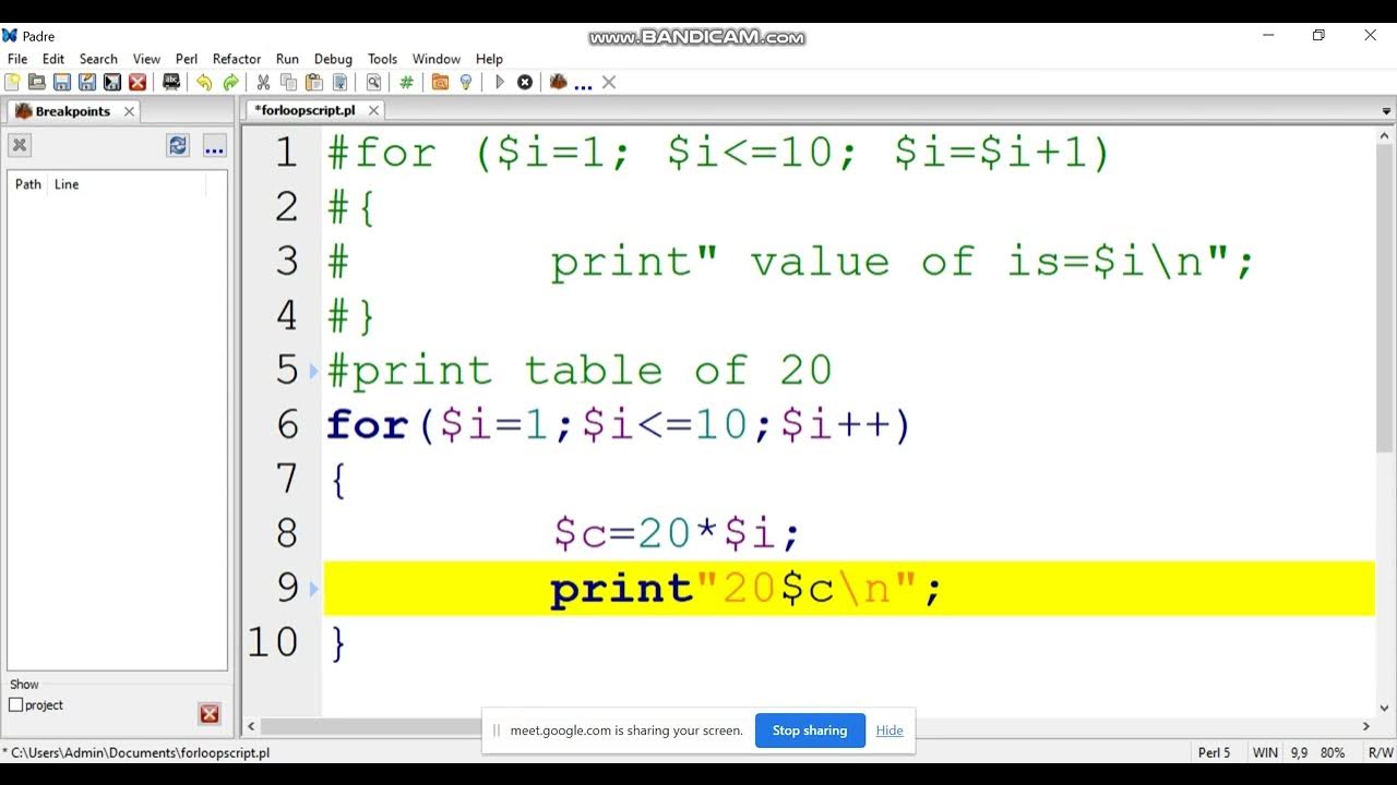 print table of 20 using for loop in Padre Perl - YouTube