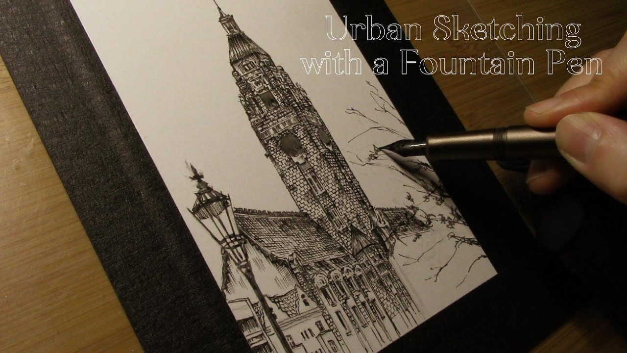 Fountain Pen Urban Sketch Drawing - Ink Drawing - Black and White ...