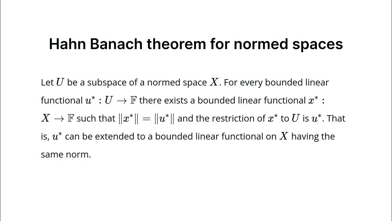 Hahn Banach theorem for normed spaces (Functional Analysis) - YouTube