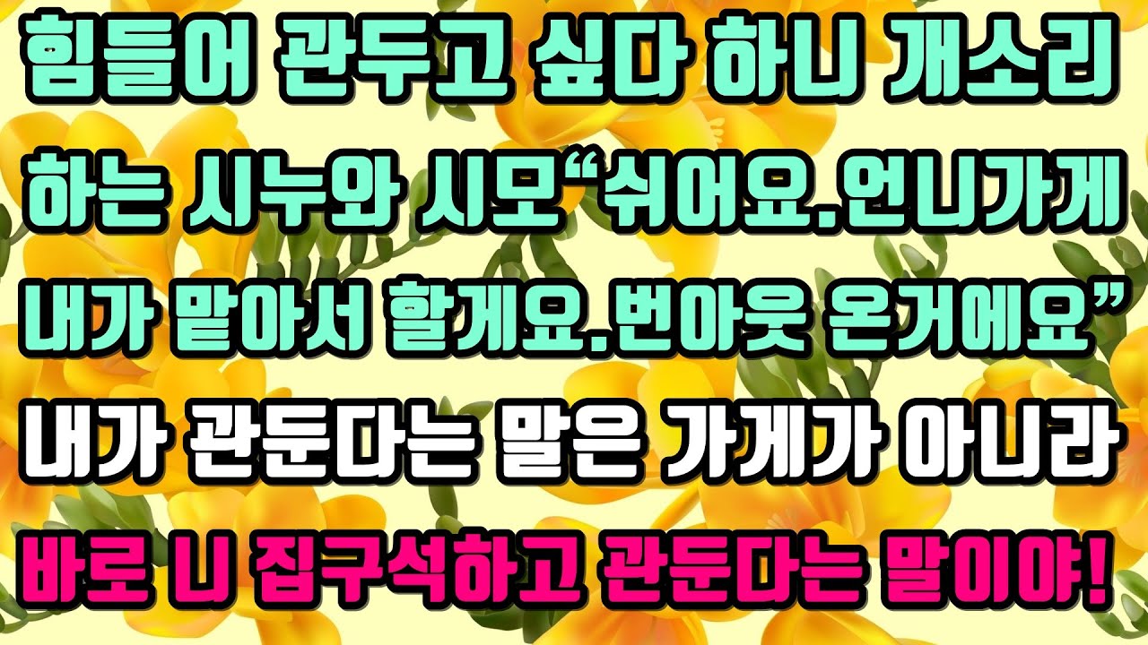 카카오실화사연 힘들어 관두고 싶다 하니 개소리하는 시누와 시모 쉬어요언니 가게 내가 맡아서 할게요”내가 관둔다는 말은 가게가 아니라바로 니 집구석하고 관둔다는 말이야