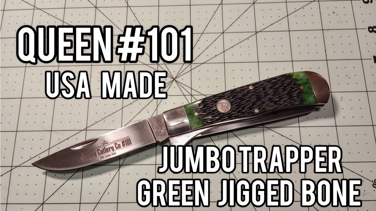 Queen 101 Green Jigged Bone Jumbo Trapper - YouTube