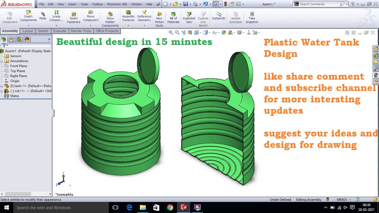 water tank design in solidworks with thread lid | solidworks tutorial ...