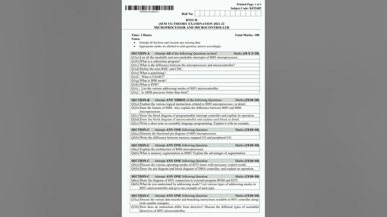 Microprocessor & Microcontroller/KEE-602/EEE/AKTU QUESTION PAPER 2021 ...