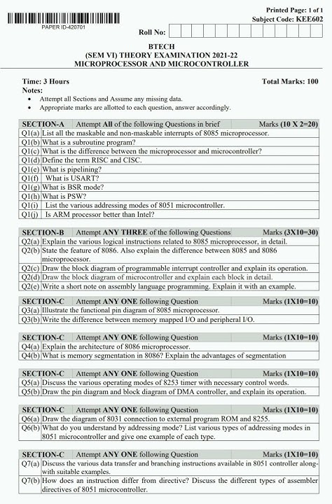 Microprocessor & Microcontroller/KEE-602/EEE/AKTU QUESTION PAPER 2021 ...