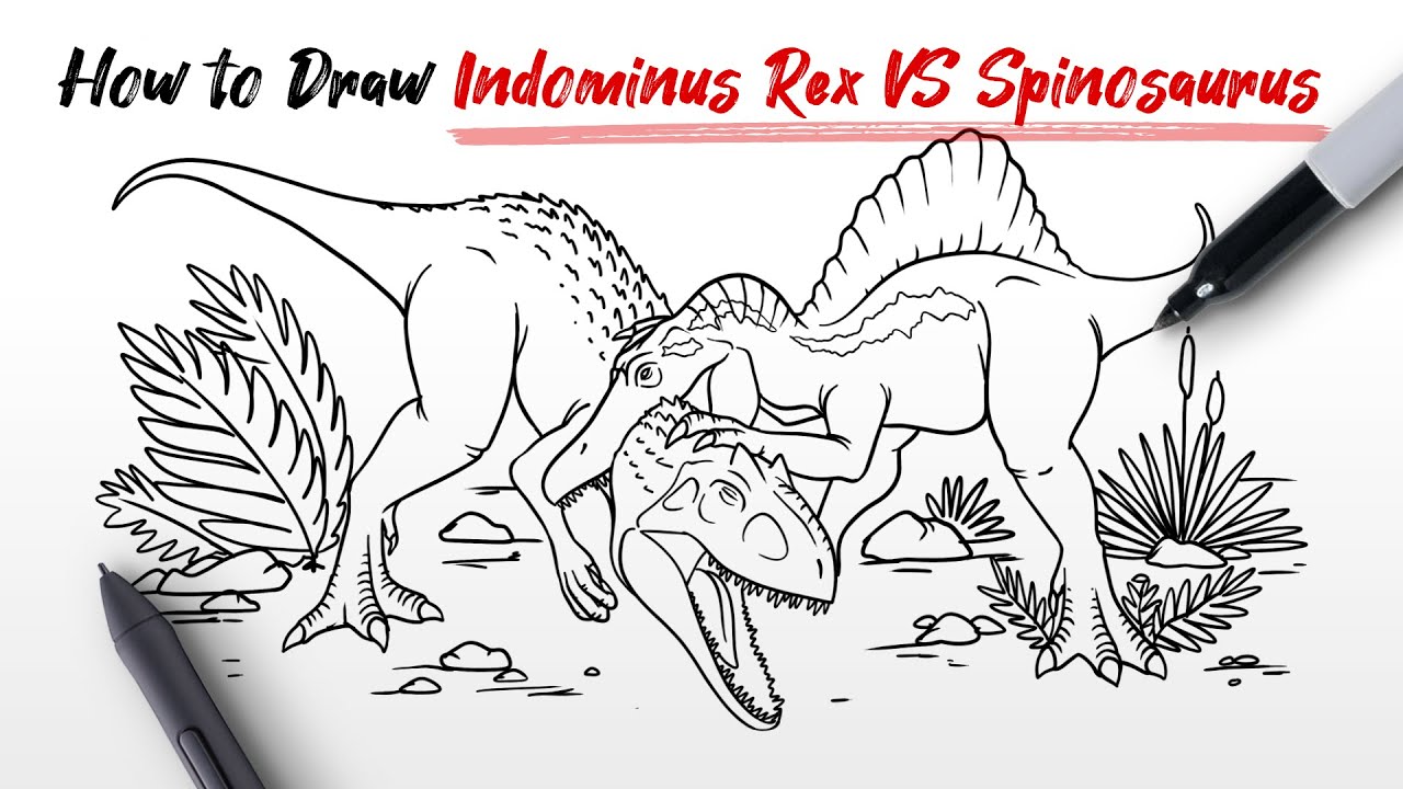 How to Draw Indominus Rex VS Spinosaurus dinosaur fighting Easy Step By ...