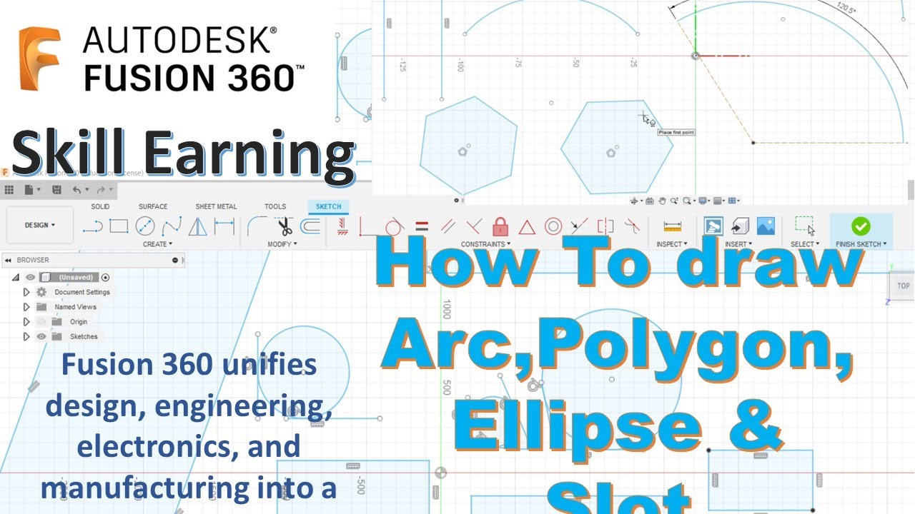 Drawing lines Arc, Polygon, Ellipse & Slot in Fusion 360. #अब हिंदी में ...