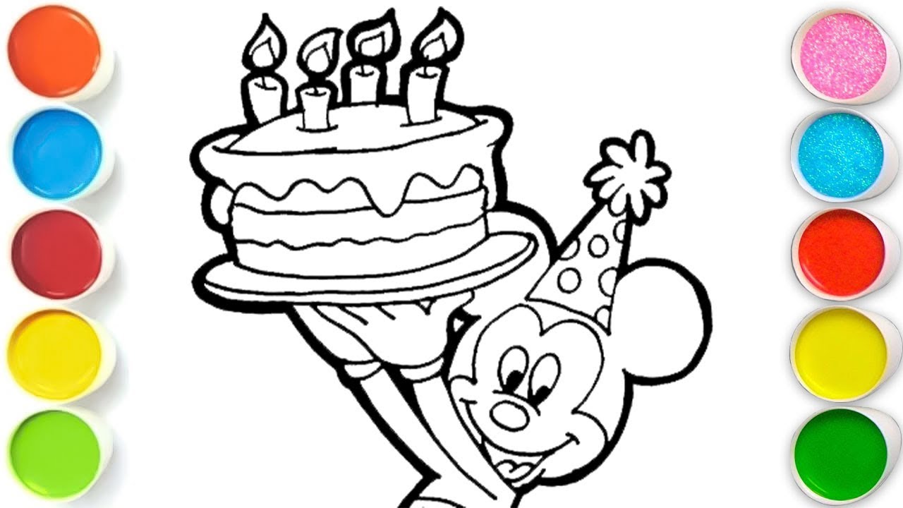 Mickey Mouse with Birthday Cake Drawing, Painting & Coloring For Kids ...