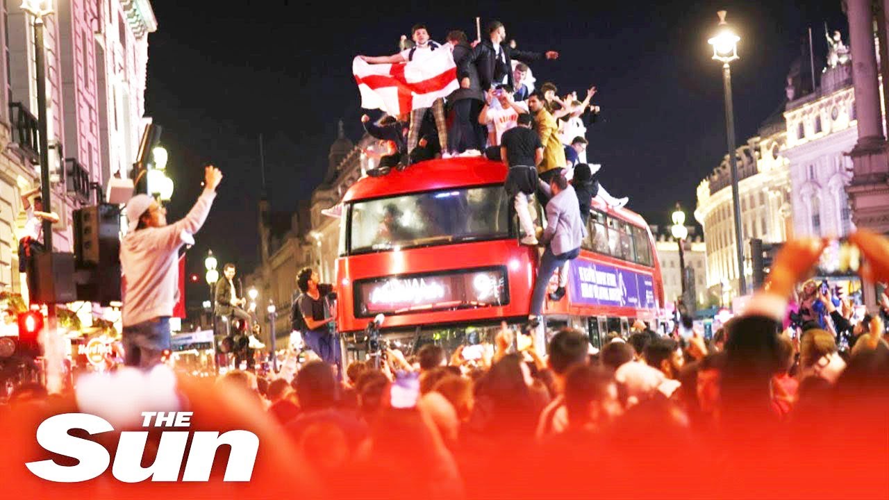 England fans jump on buses & set off fireworks celebrating Euro 2020 ...