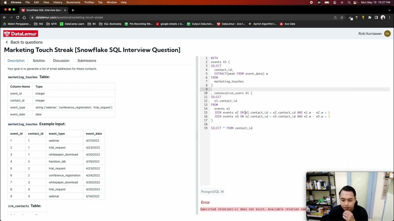 Solving Marketing Touch Streak [Snowflake SQL Interview Question], Data Lemur - YouTube