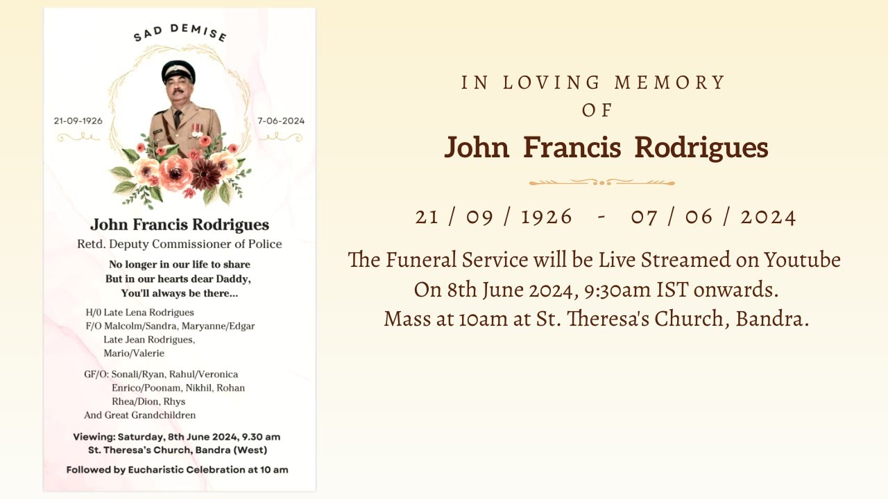 Funeral service of John Francis Rodrigues - YouTube