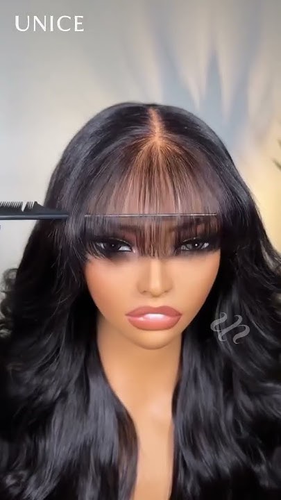 UNice 13x4 Pre-Everything™ Lace Frontal Black Fluffy Natural Loose Wave Curtain Bangs Wig # ...