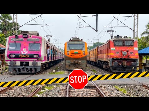 High Speed Train Videos at Level Crossing | Loud Honking EMUs & Express Trains Action at Railgate