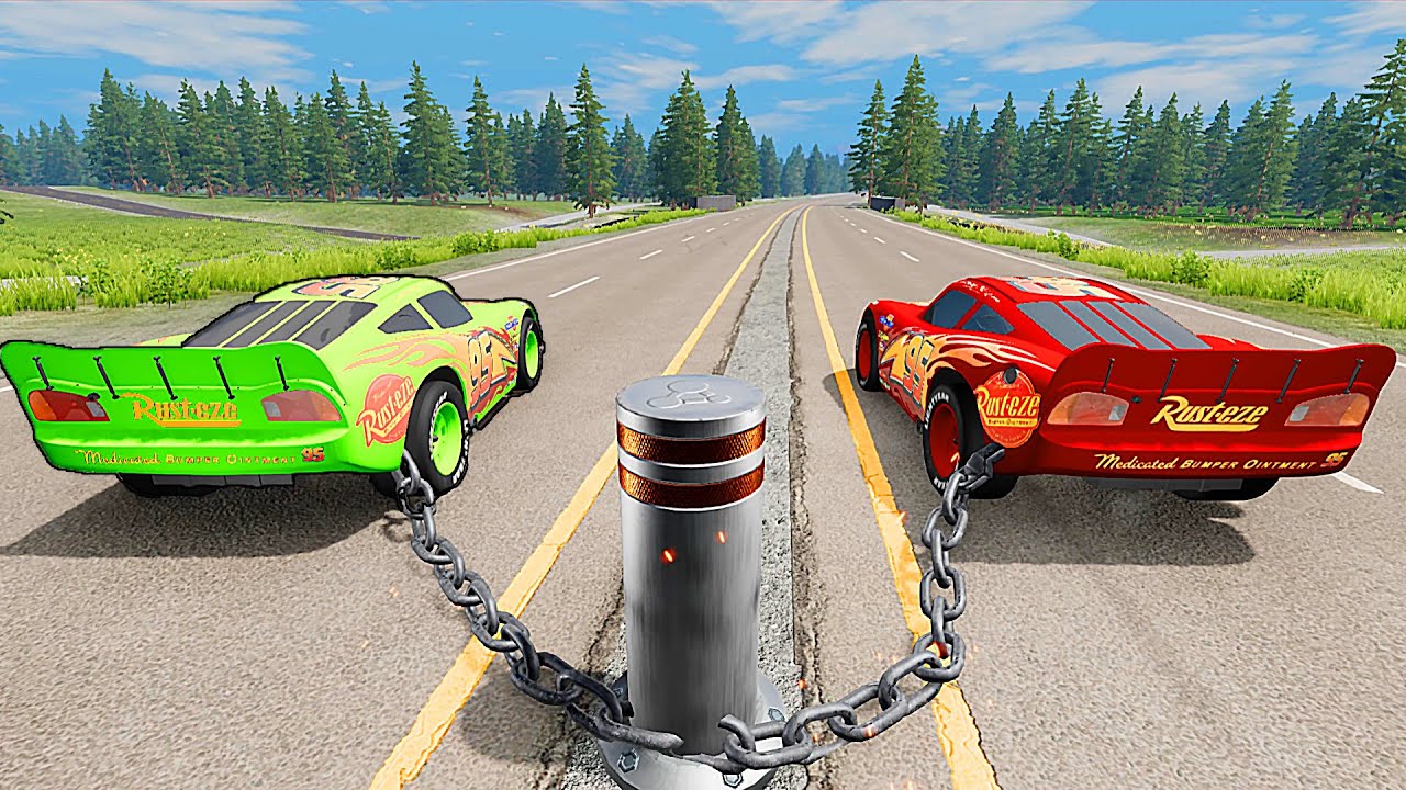 Chained Cars vs Bollards - Pixar Cars McQueen Mack Snot Rod Jackson ...