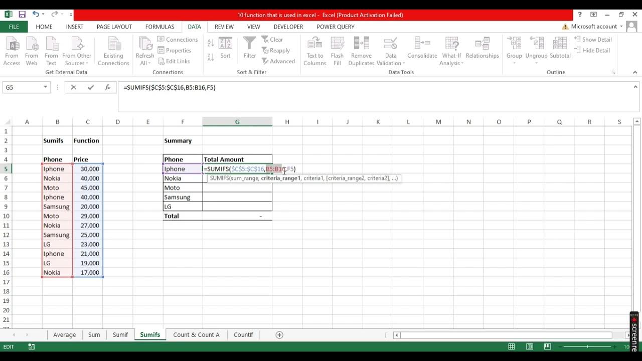 Excel Basic Functions Sum, Sumif, Sumifs, Count, CountA, Countif & Average Part 1 - YouTube