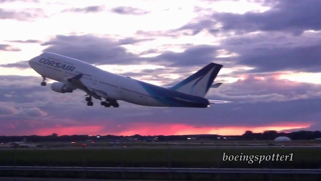 Corsair Boeing 747-400 Amazing Landing & Sunset Takeoff - YouTube