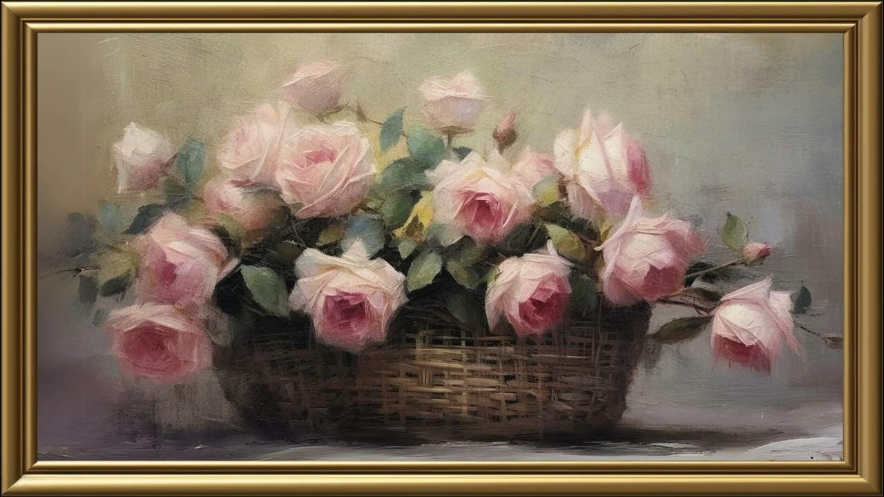 Vintage Basket of Pale Pink Roses Painting | Gold Frame TV Art ...